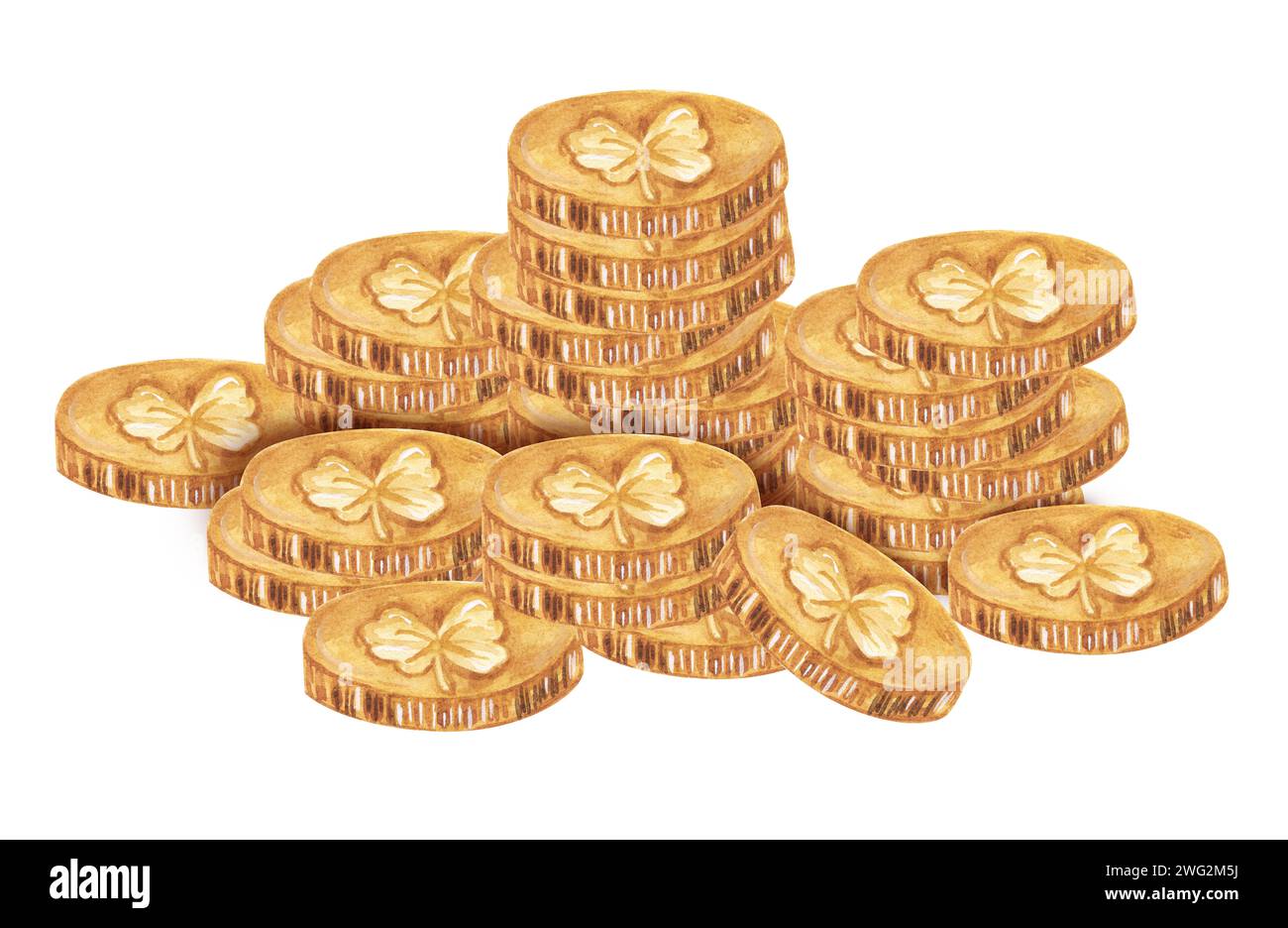 Watercolor set gold coin. Mountain of money symbols. Treasure, stacks ...