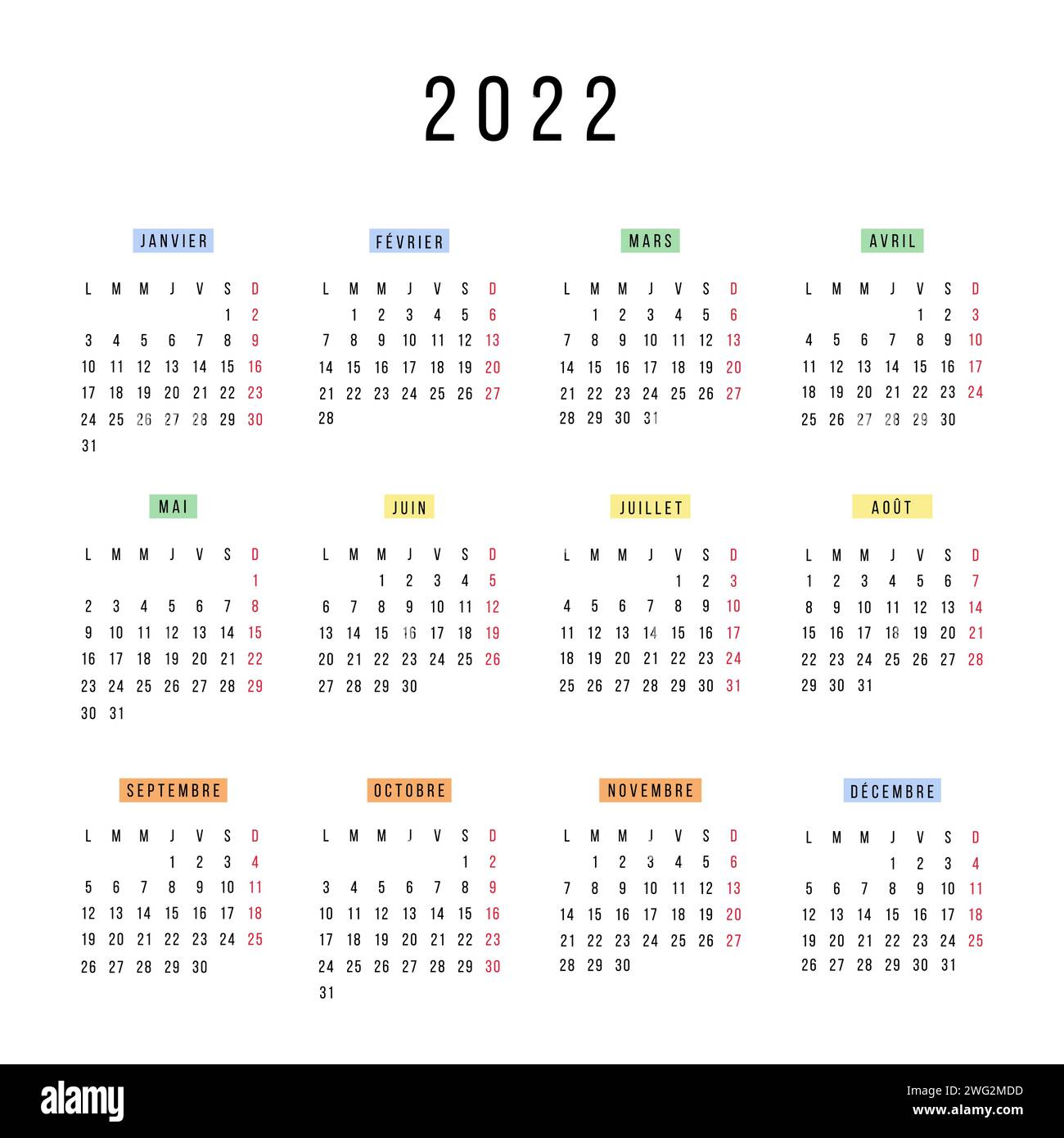 French calendar 2022 year. Vector stationery square calendar week ...
