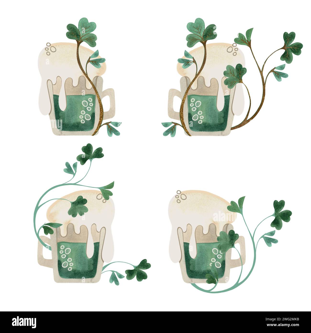 Set of glass mugs of green ale with high foam is entangled with ...