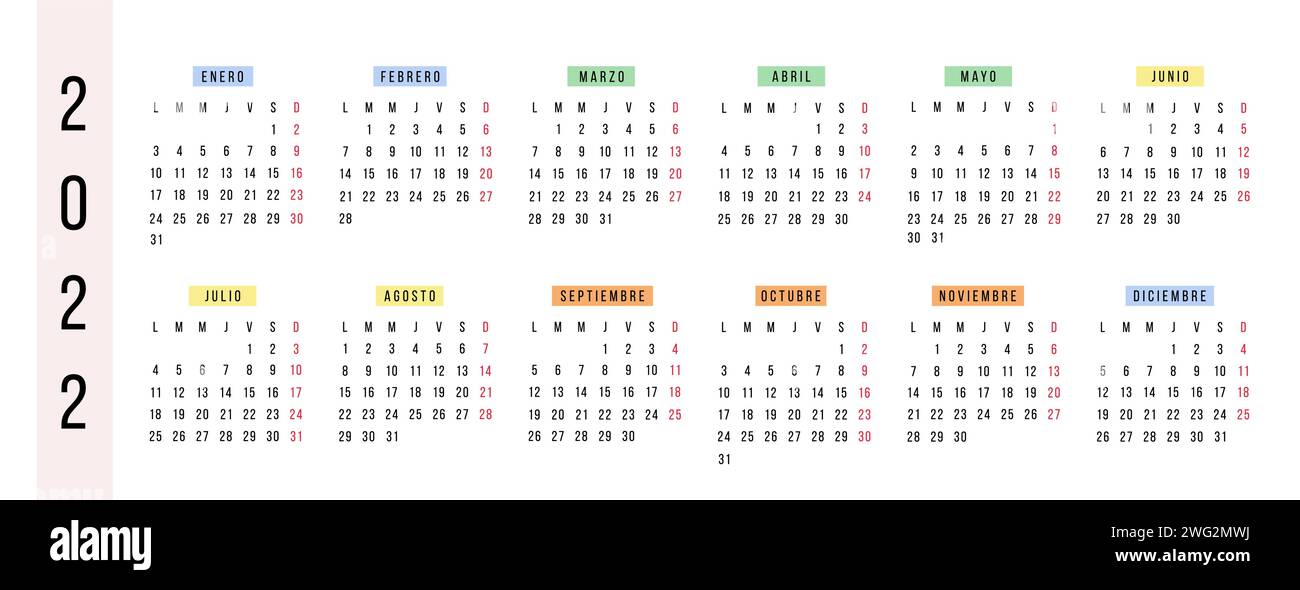 Spanish horizontal calendar 2022 year. Vector stationery calendar week ...