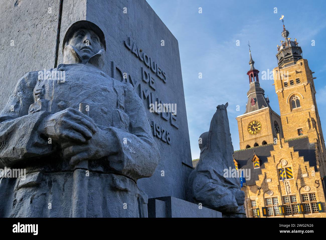 Detail of statue Jacques de Dixmude showing Belgian WWI soldier on ...
