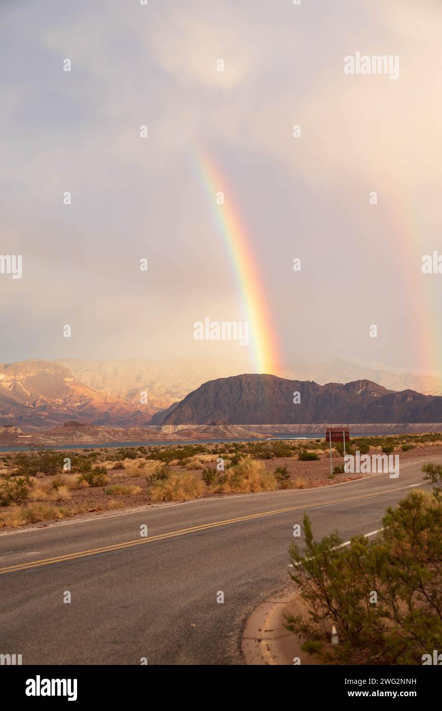 Double rainbow over Lake Mead National Park Recreation Area Stock Photo ...