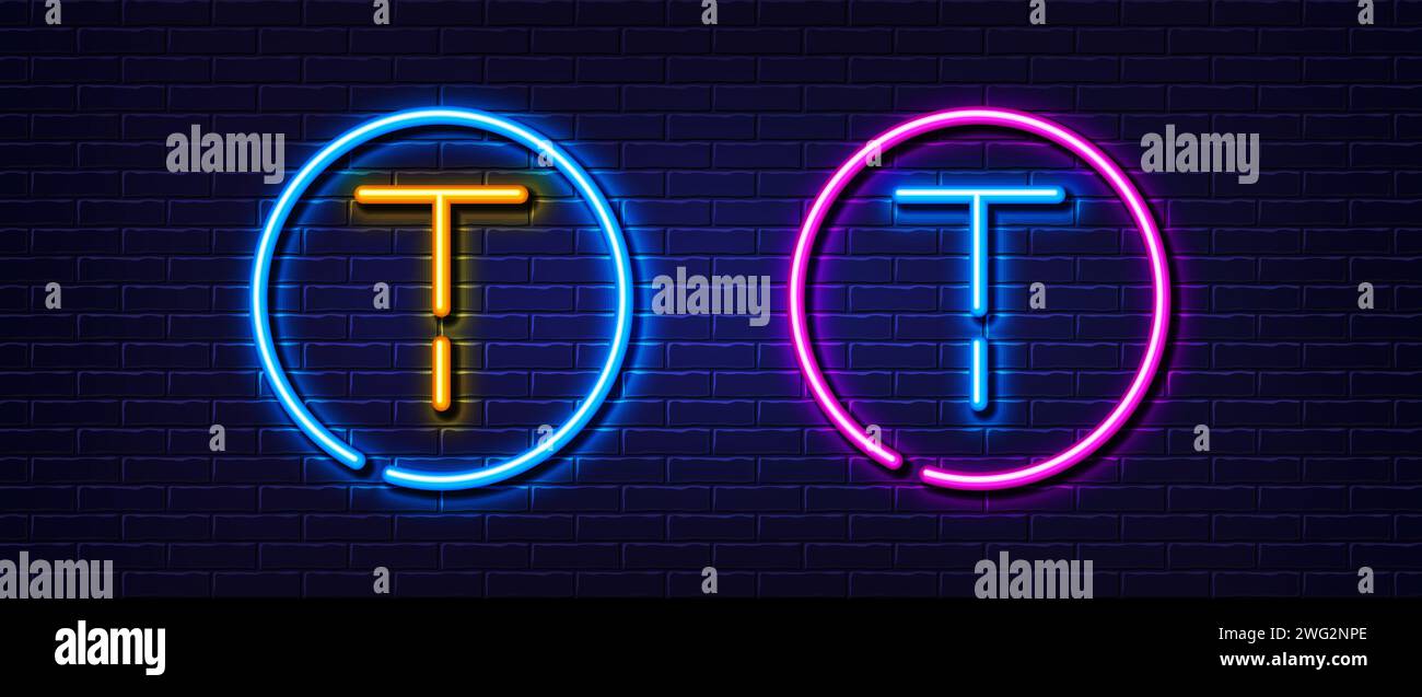 Initial letter T icon. Line typography character sign. Neon light line ...