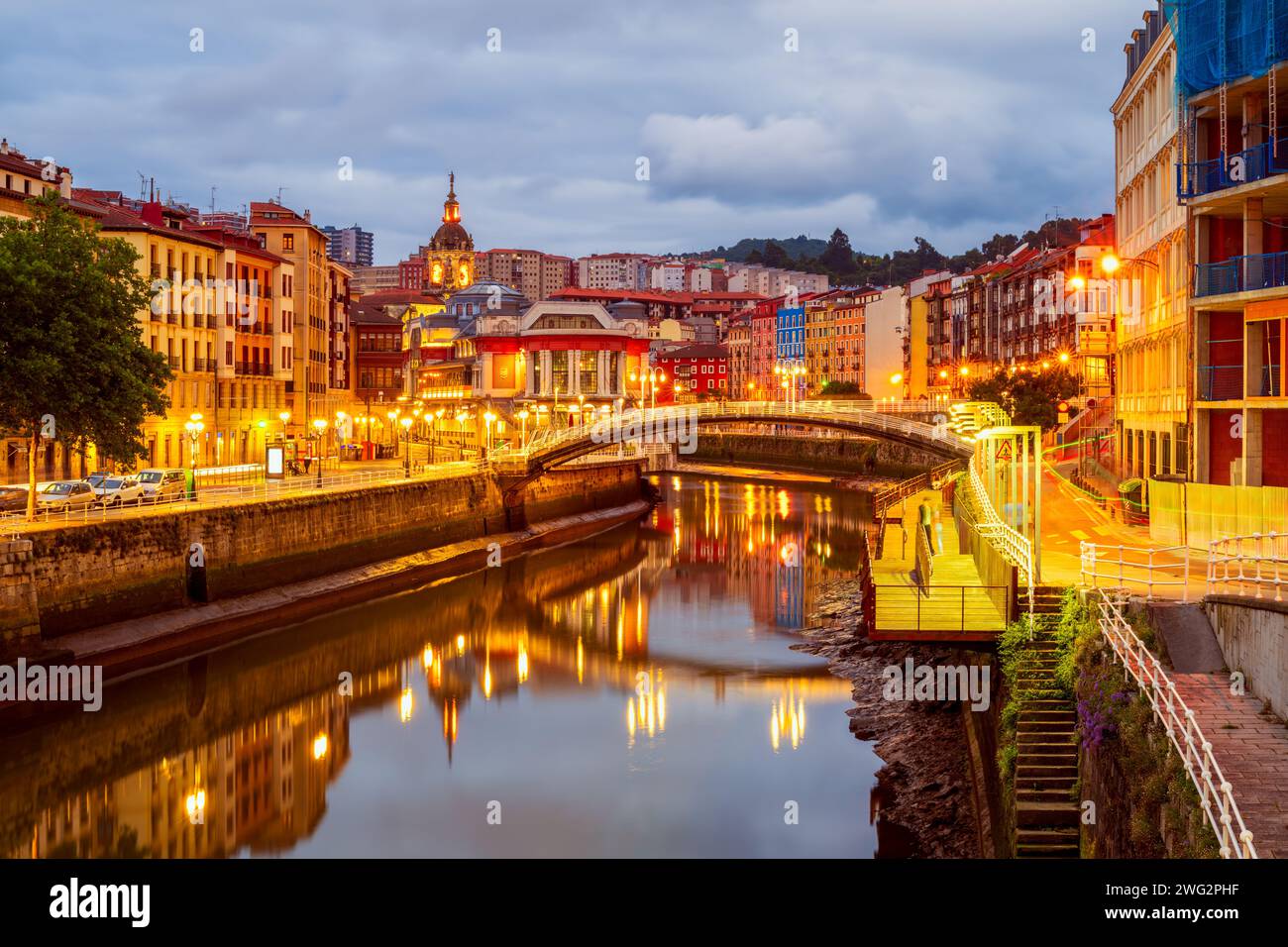 Downtown Area of Bilbao Spain with Nervion River around Dusk Stock ...