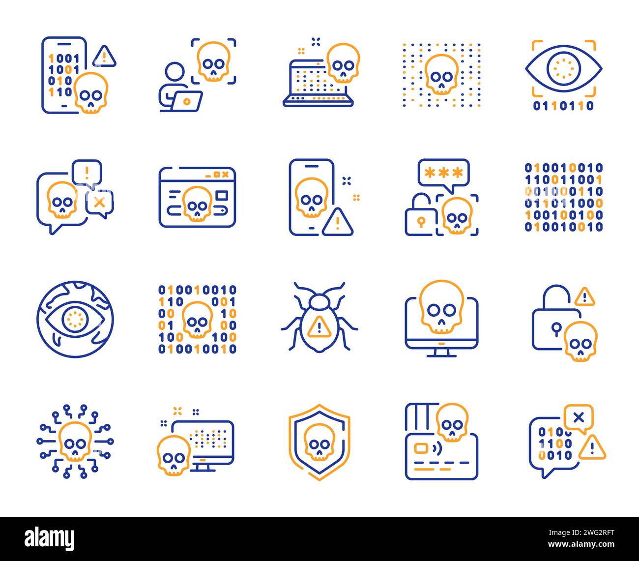 Cyber Attack Line Icons Phishing Risk Data Ransomware And Binary Code Outline Icons Vector