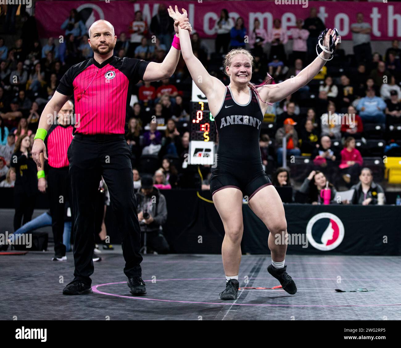 Ankeny's Haylee McGrew is declared the winner after wrestling Southeast ...