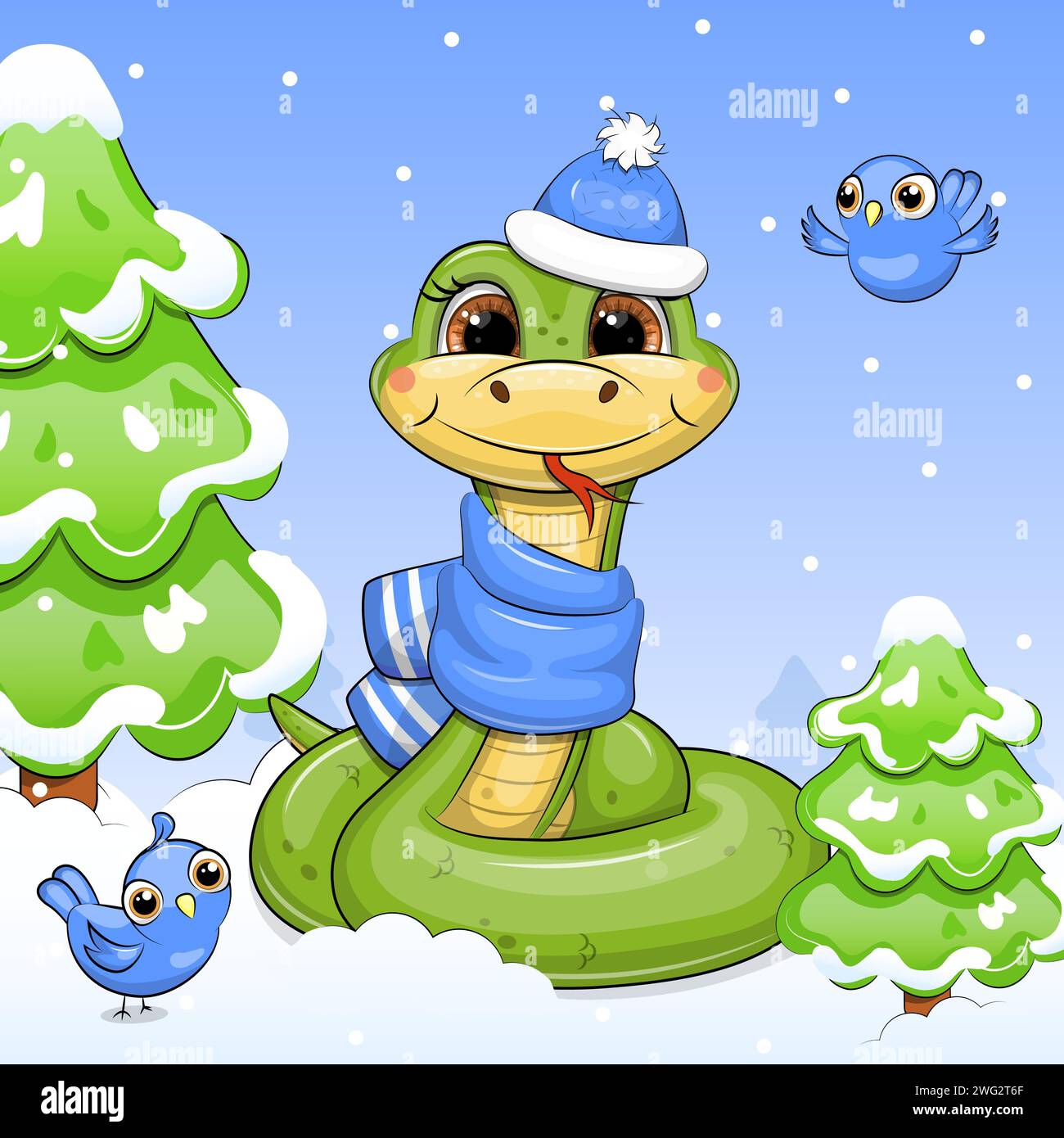 Cute cartoon green snake in a hat and scarf in nature. Winter animal ...