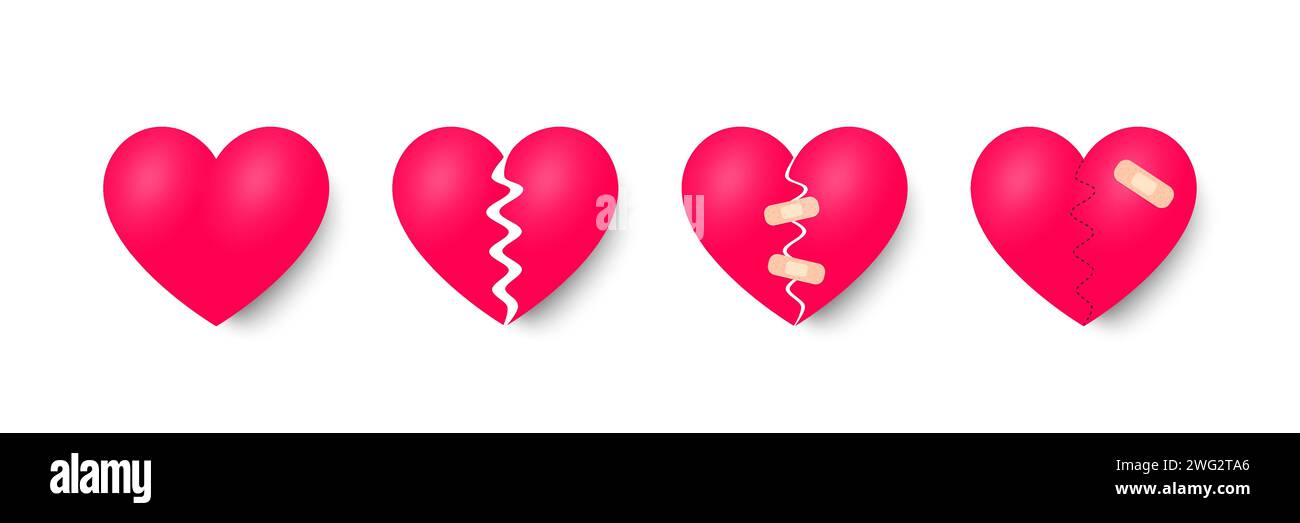 Broken hearts set of 3d realistic icons. Heartbreak with bandage ...
