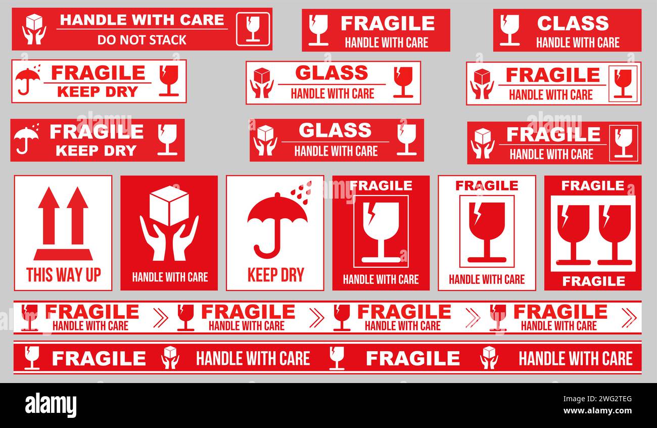 Common packaging, warning symbol set. red white flat style icons with ...