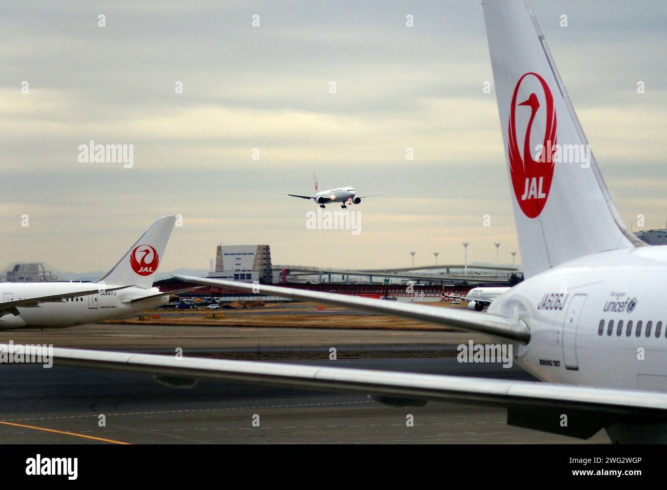 Tokyo, Japan. 02nd Feb, 2024. JAL aircraft waits on the runway for ...