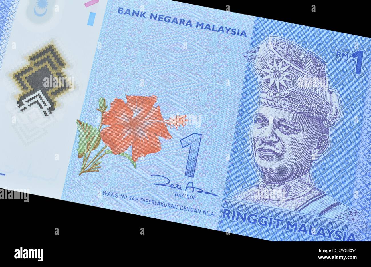 Obverse of One Ringgit banknote printed by Malaysia, that shows Five ...