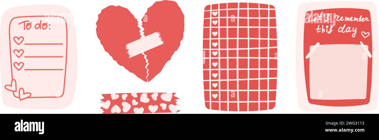 Collection of Valentine day themed memo stickers. Journal planning love ...