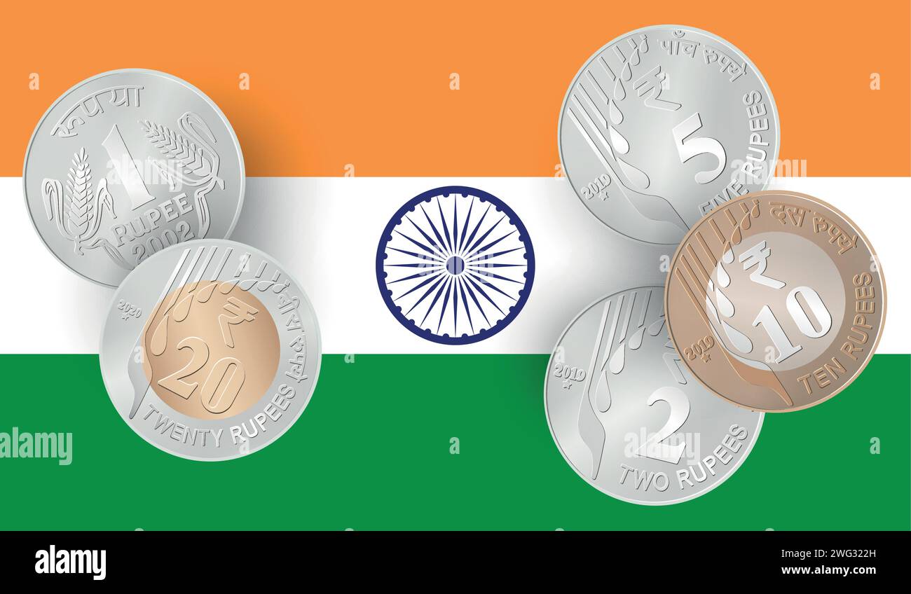 Set of Rupee coin of India with Indian flag. Vector illustration Stock ...