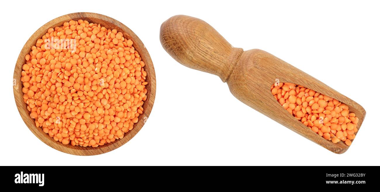 red lentil in wooden bowl and scoop isolated on white background. Top view Stock Photo - Alamy