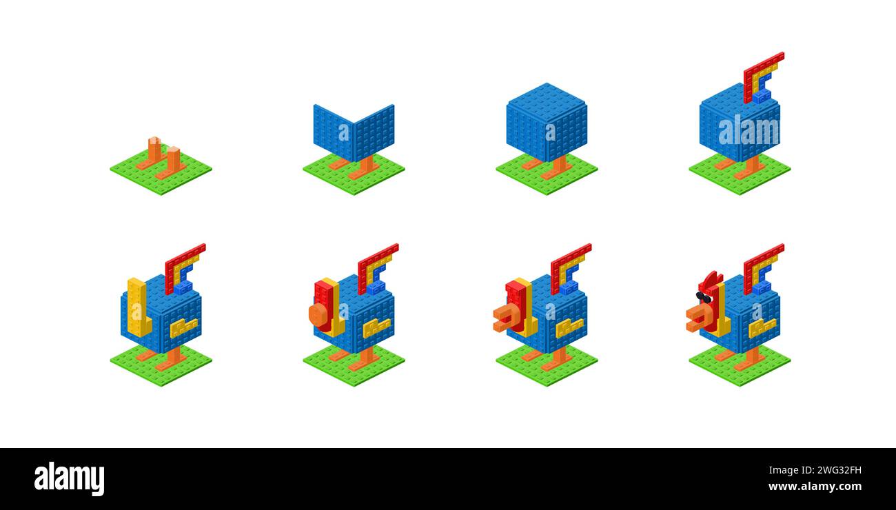 Step-by-step construction of a rooster from plastic blocks in isometry. Vector Stock Vector ...