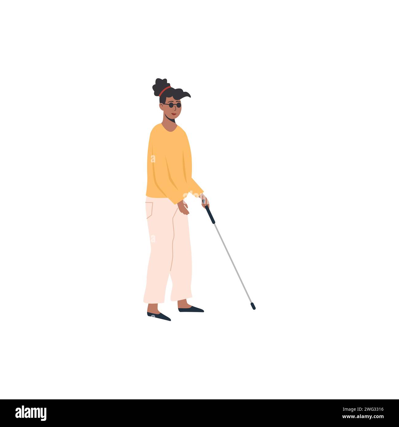 Blind person in glasses walking. Disabled african female with cane ...