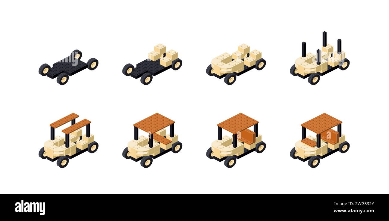 Step-by-step construction of a golf cart from plastic blocks in isometry. Vector Stock Vector ...