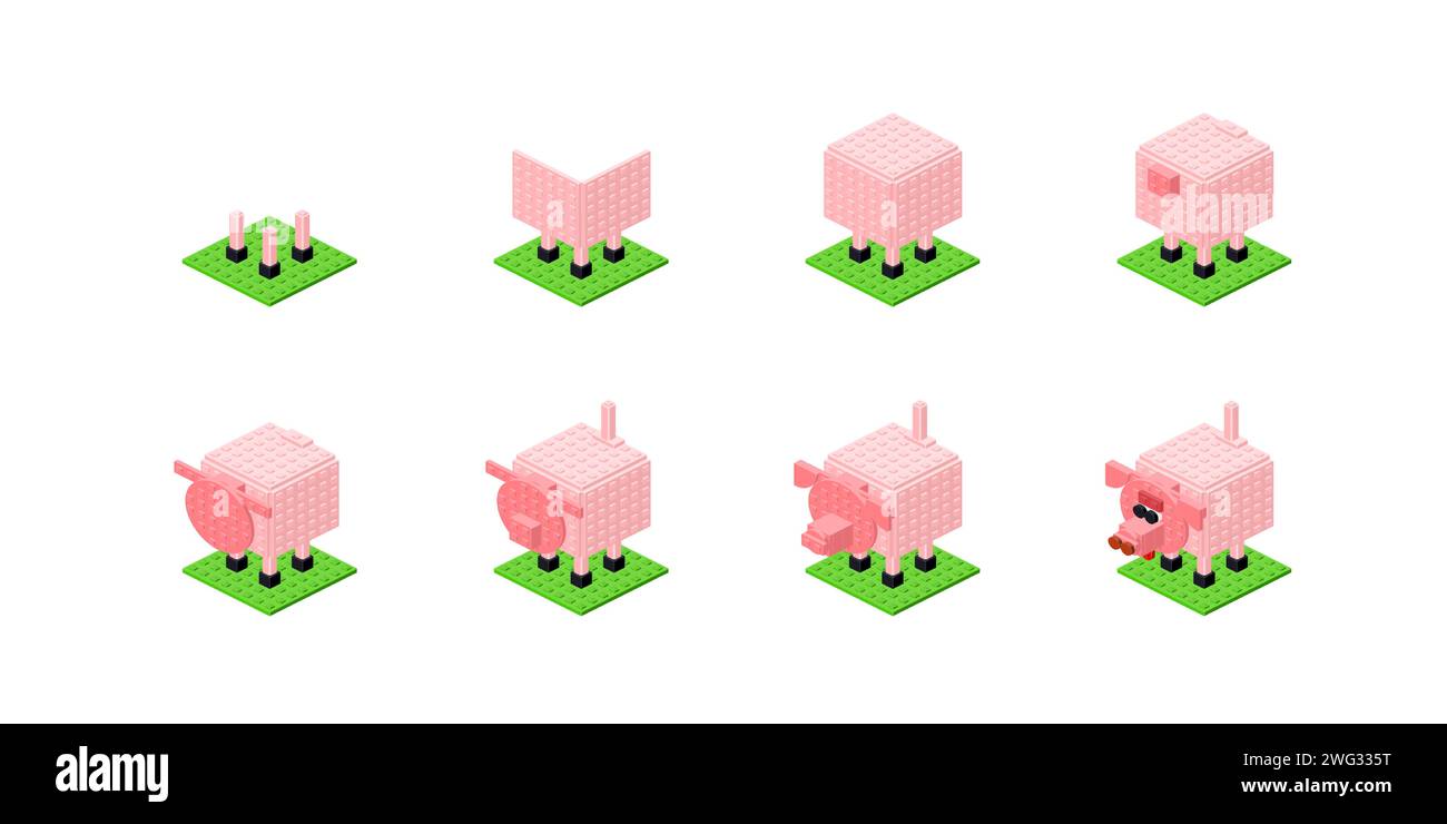 Step-by-step construction of a pink pig from plastic blocks in isometry ...