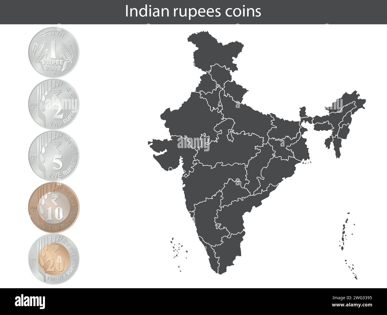 Rupee coins with India map. Set of coins, Indian rupees Stock Vector ...