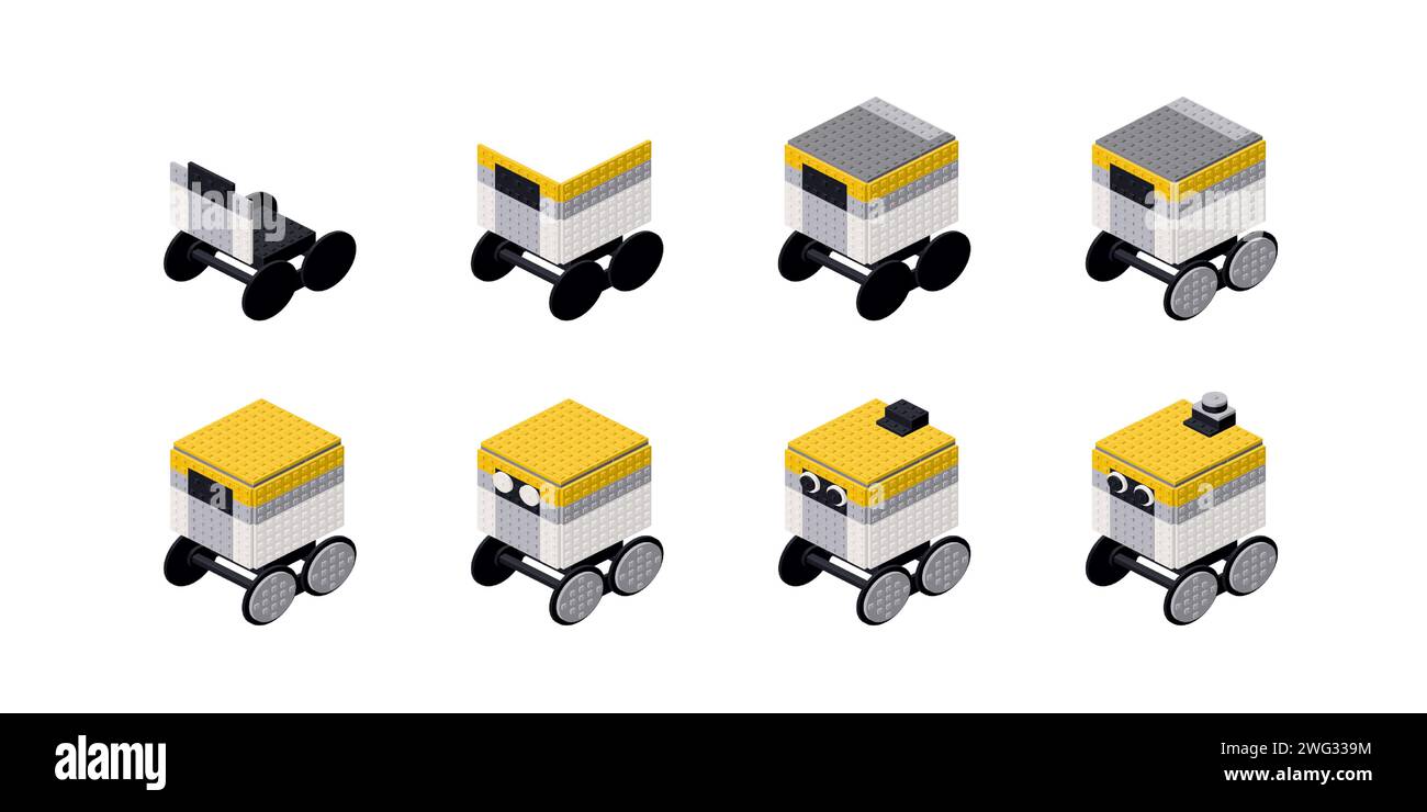 Step-by-step construction of a courier robot from plastic blocks in isometry. Vector Stock ...