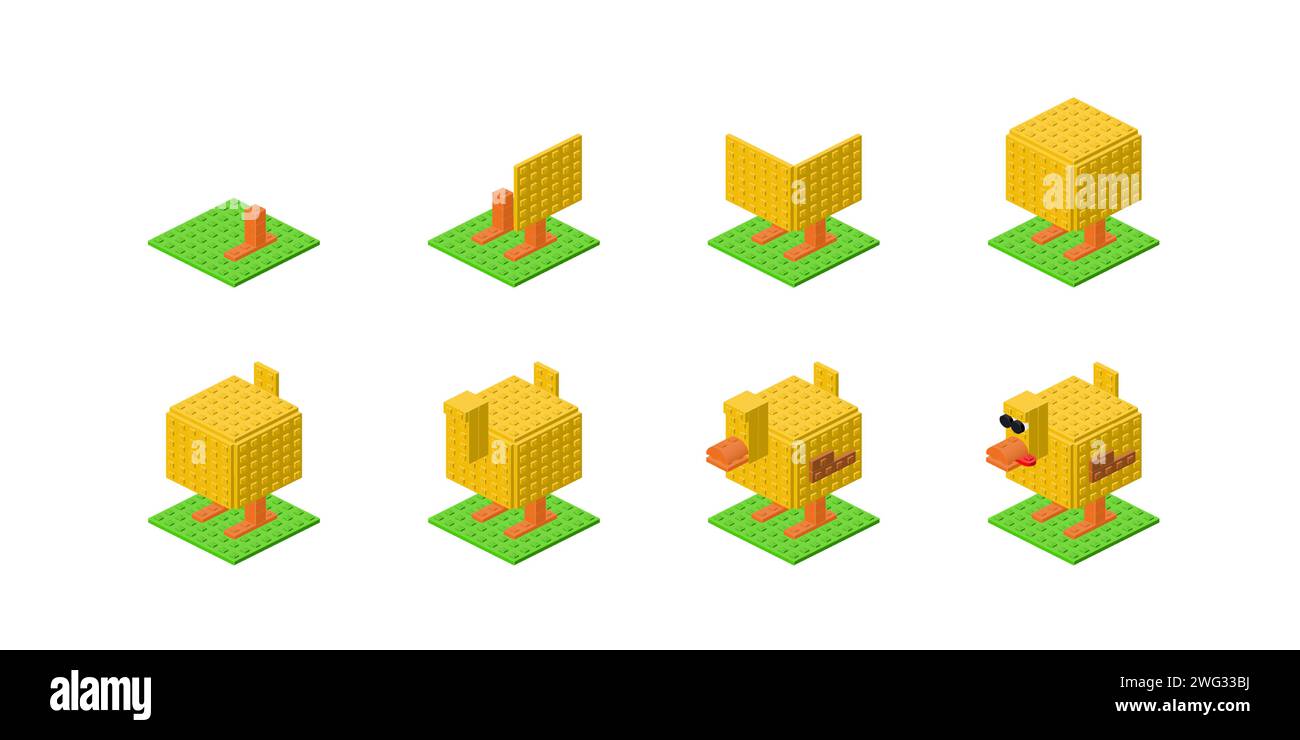 Step-by-step construction of a yellow duck from plastic blocks in ...