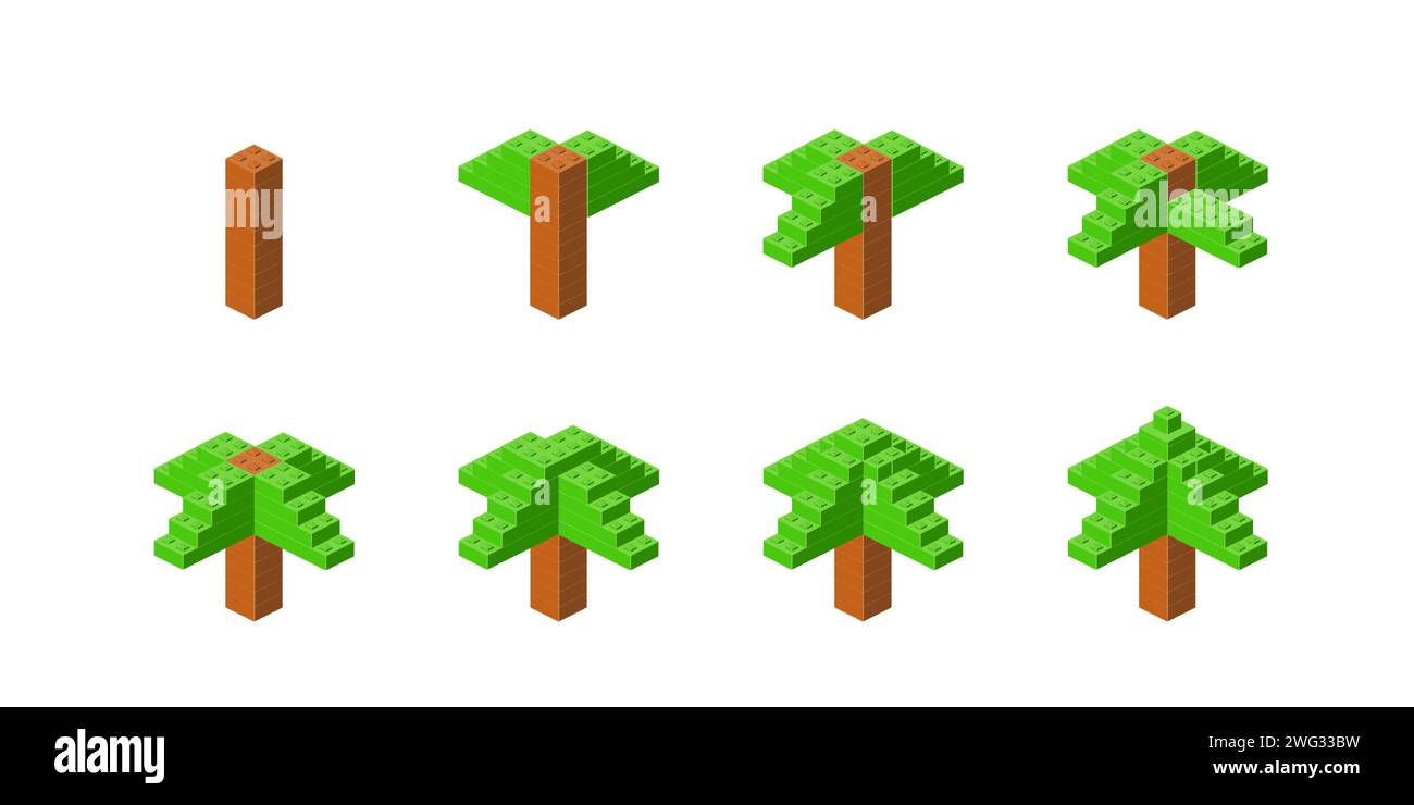 Step-by-step construction of a green Christmas tree from plastic blocks ...
