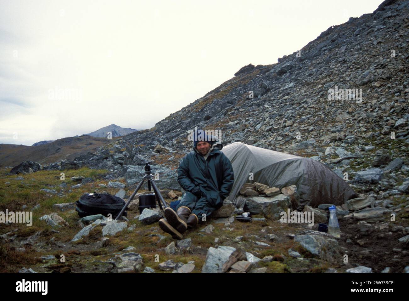 photographer Steven Kazlowski relaxing at camp on Mount Margaret ...