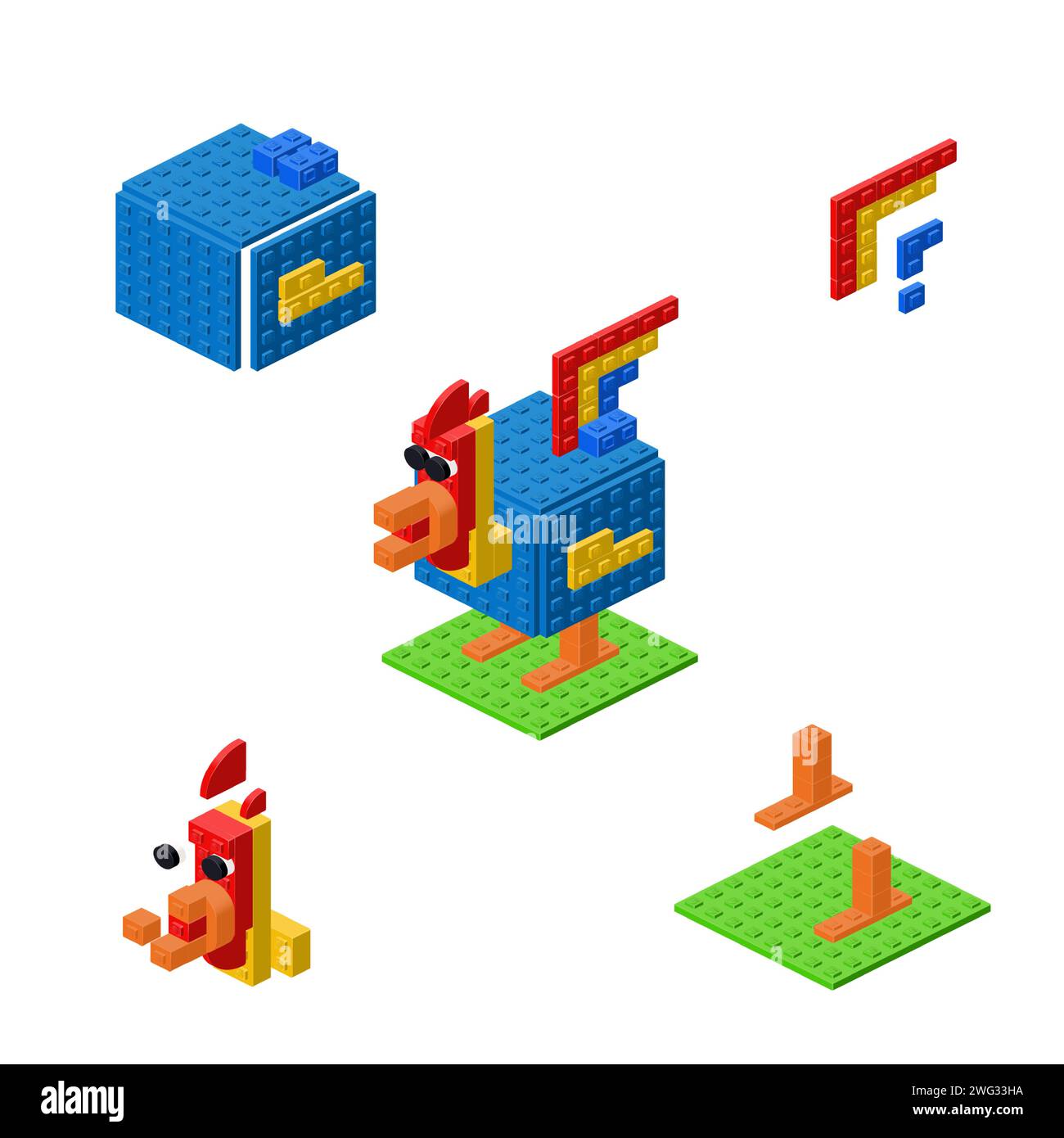 Concept with colored rooster made of plastic bricks. Vector Stock ...