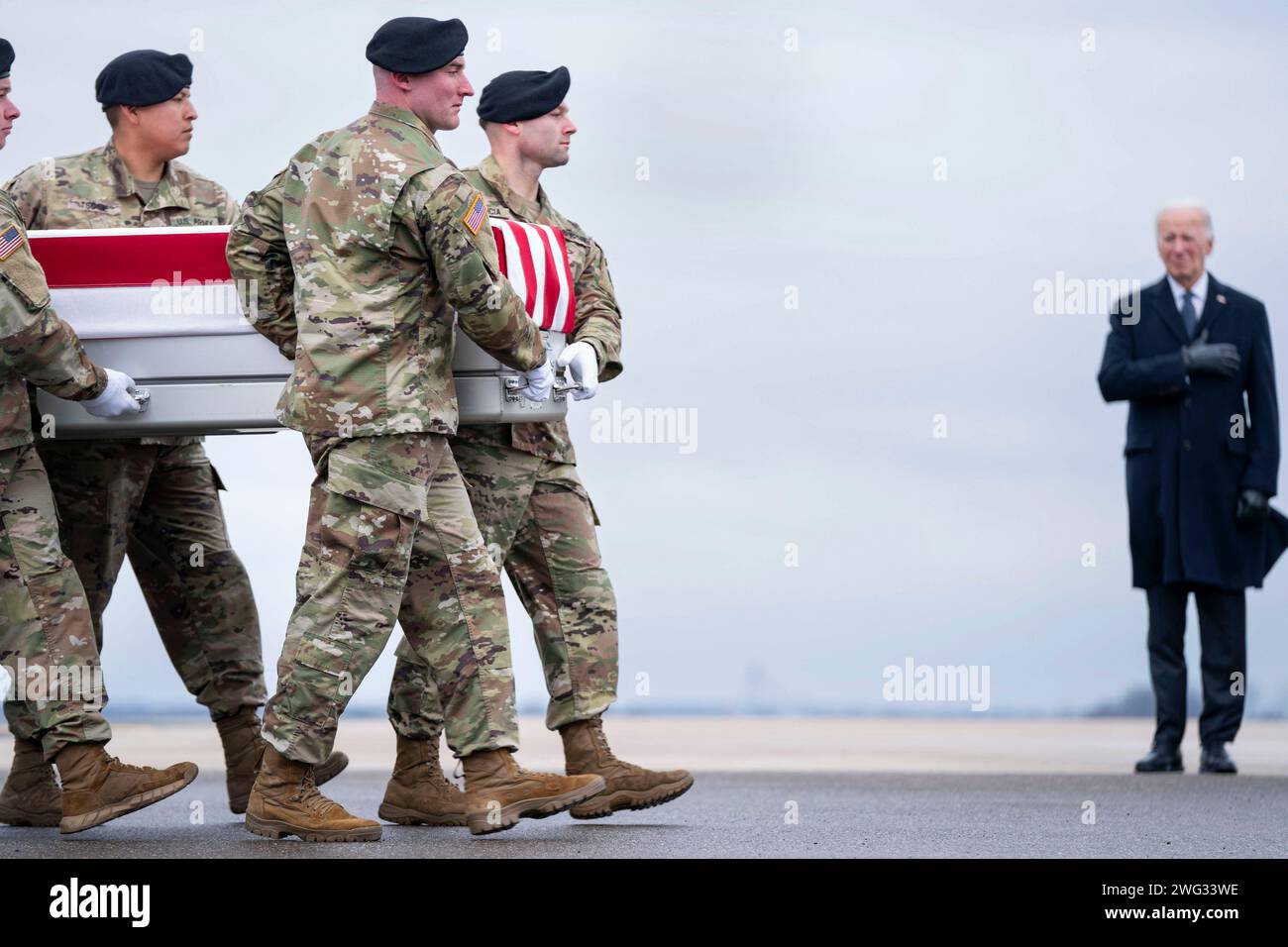 Dover, United States. 02nd Feb, 2024. President Joe Biden looks on as a ...