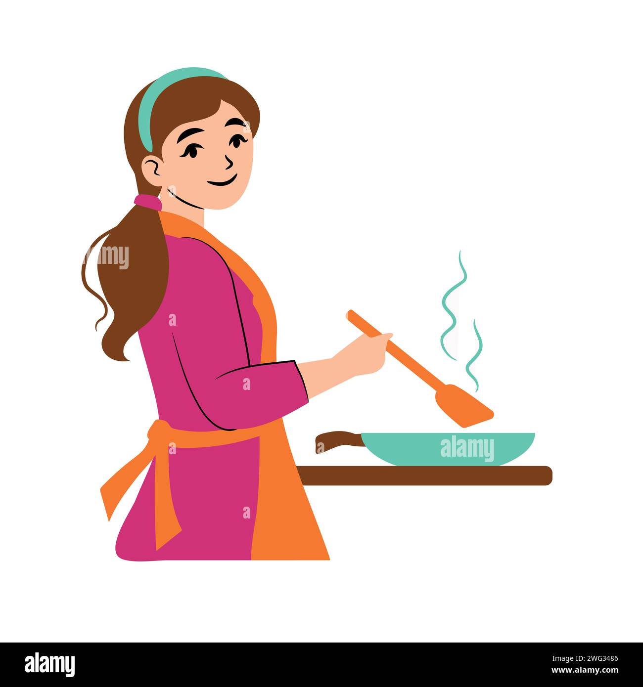Happy girl cooking in kitchen with frying pan Stock Vector Image & Art ...