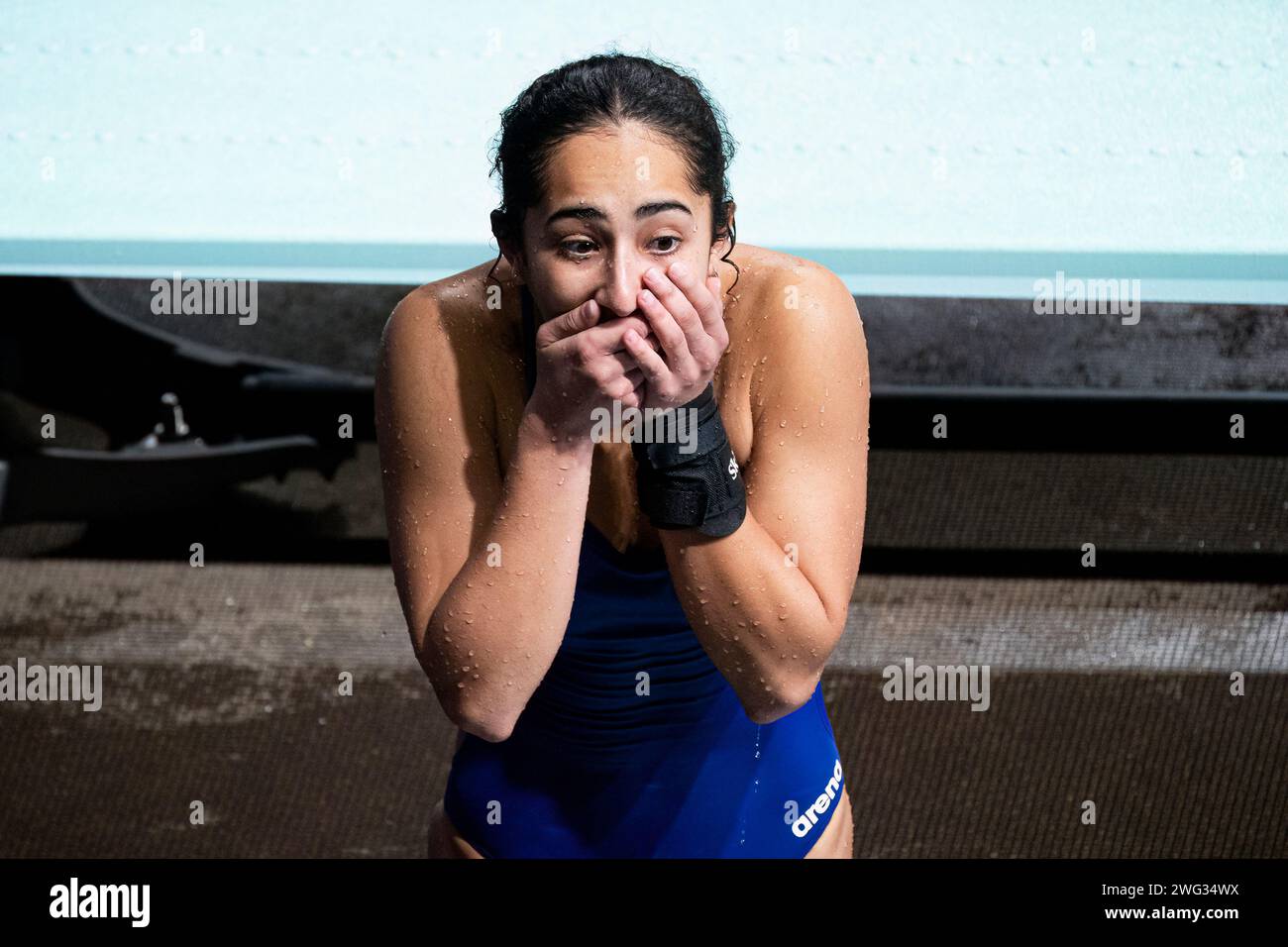 Maha Amer of Egypt reacts after winning the bronze medal in the diving ...
