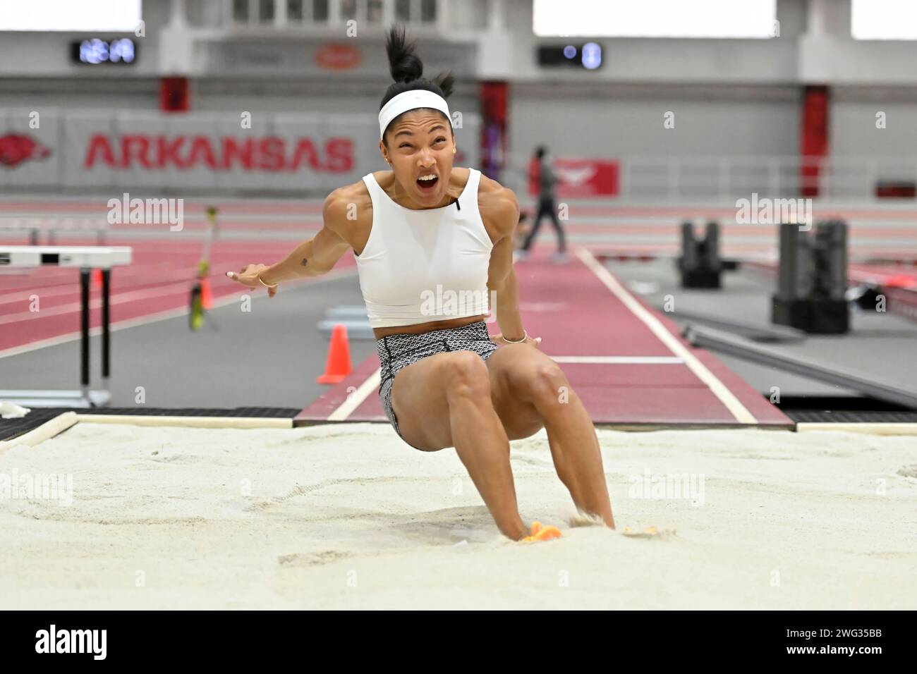 Olympic long jumper Tara Davis-Woodhall makes a practice jump at the ...