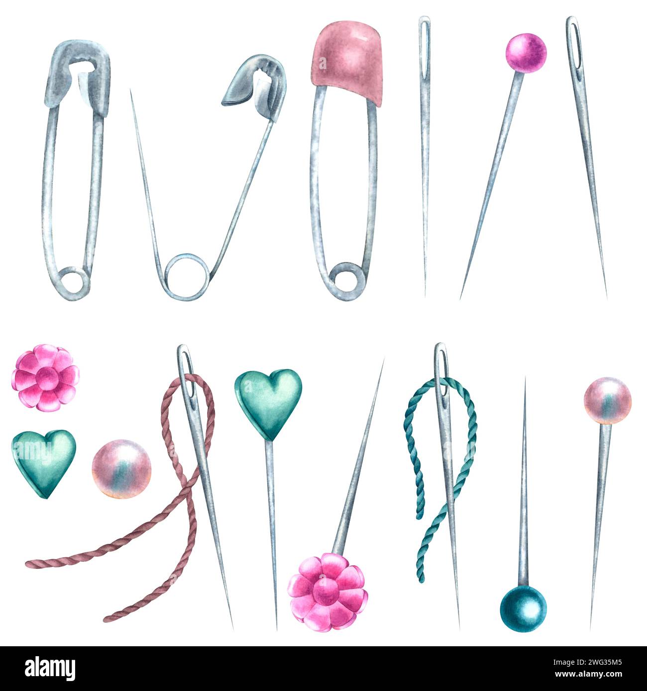 Watercolor Hand Drawn Illustration Of Needles And Threads Different