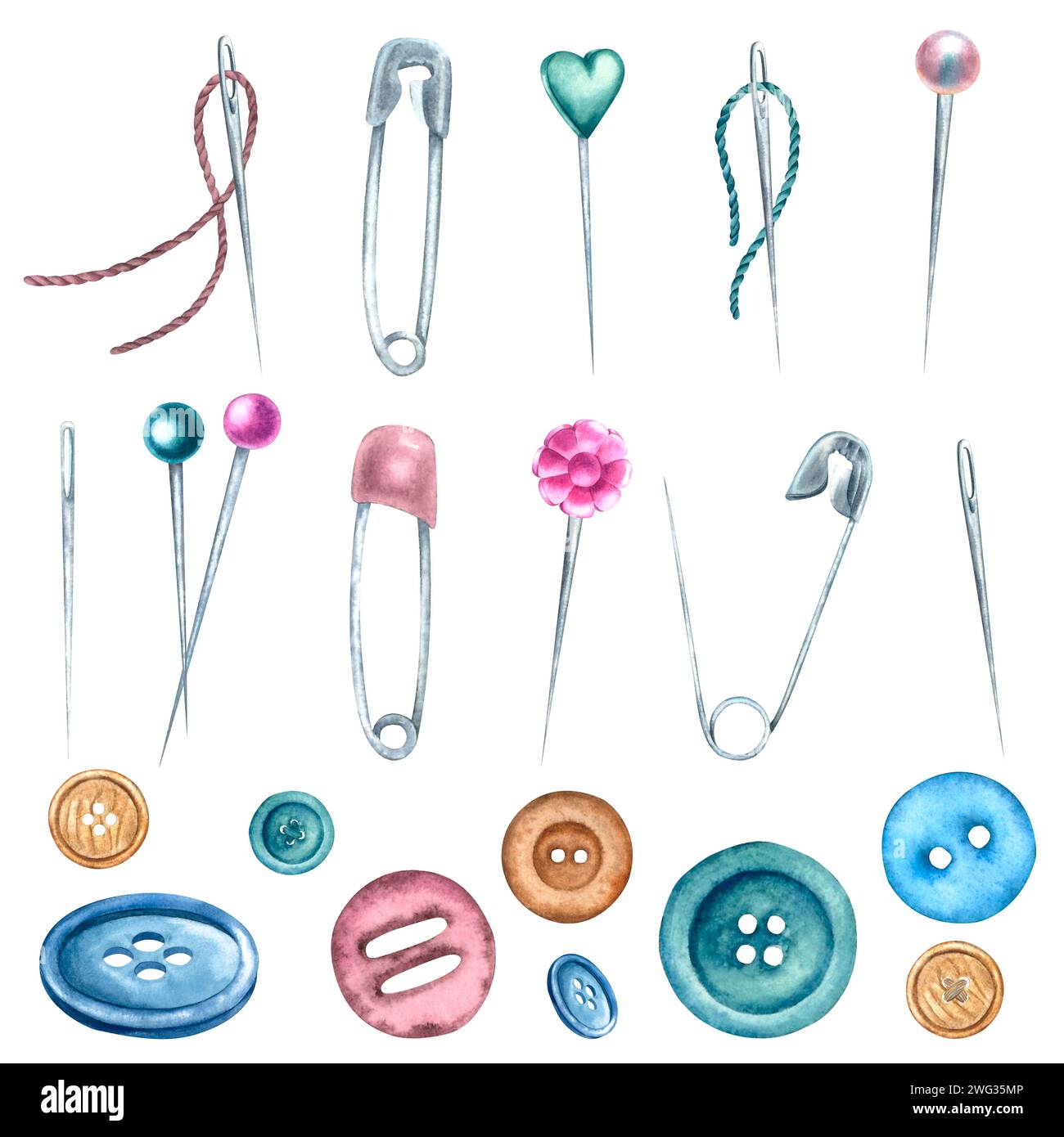 Watercolor hand drawn illustration of buttons, needles and threads ...