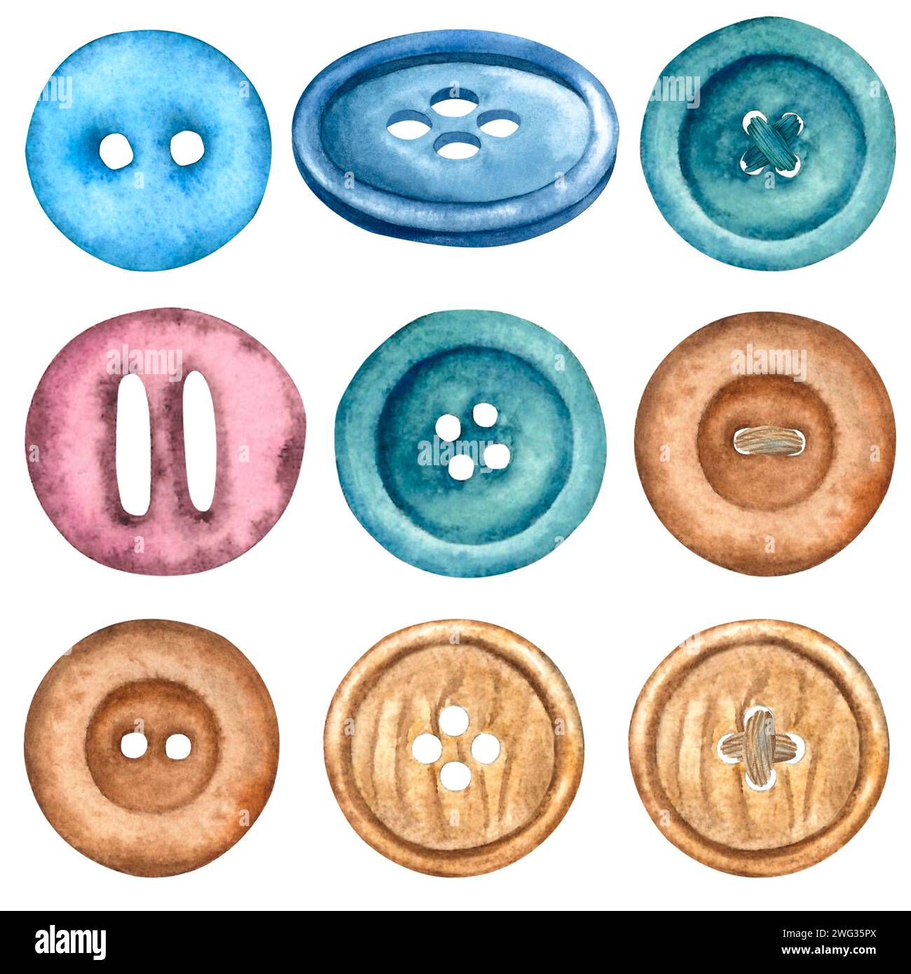 A set of buttons in blue, green, dirty pink, brown and turquoise. Hand ...
