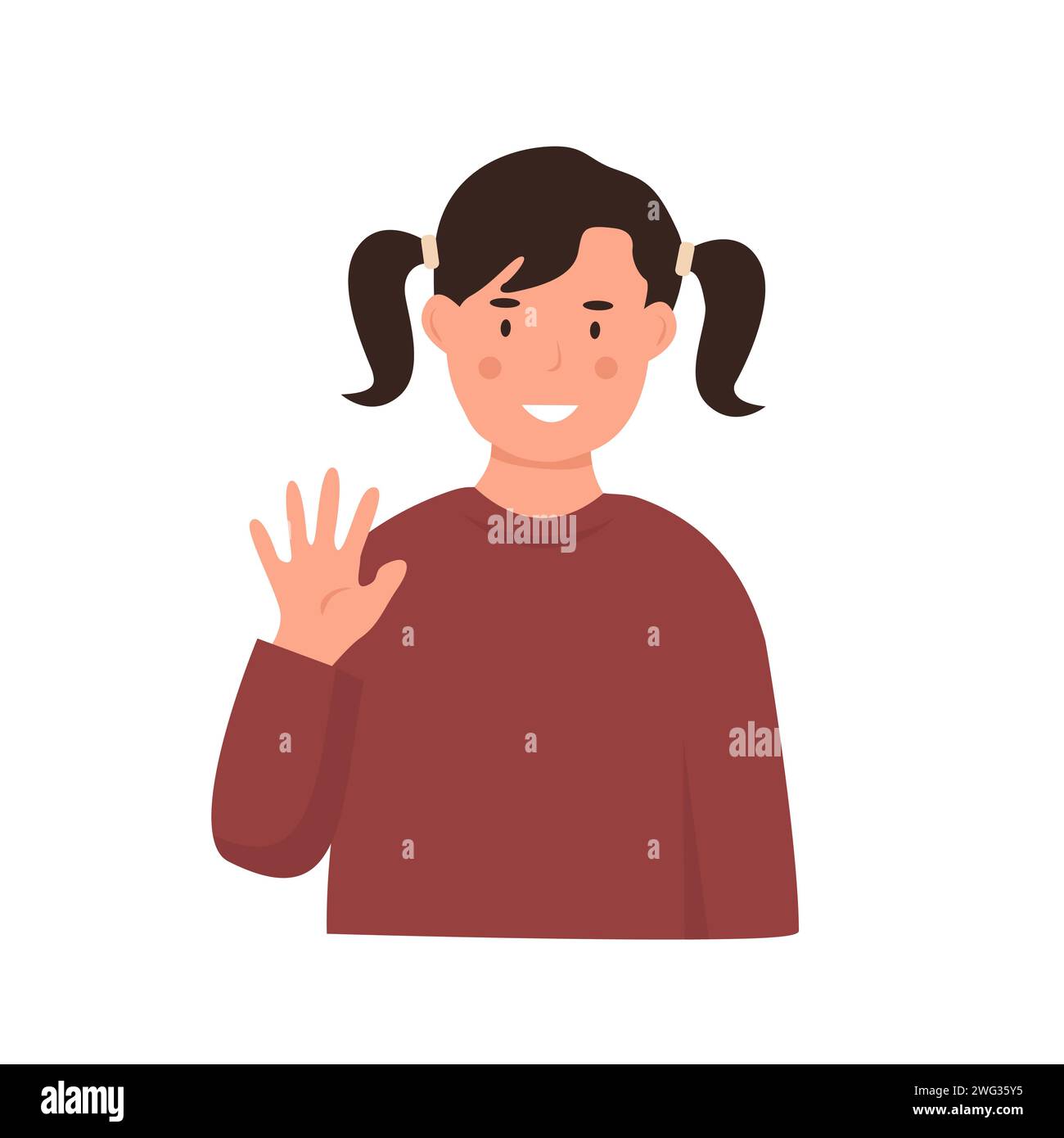Little smiling school girl waving hand. Happy kid with two ponytails in ...
