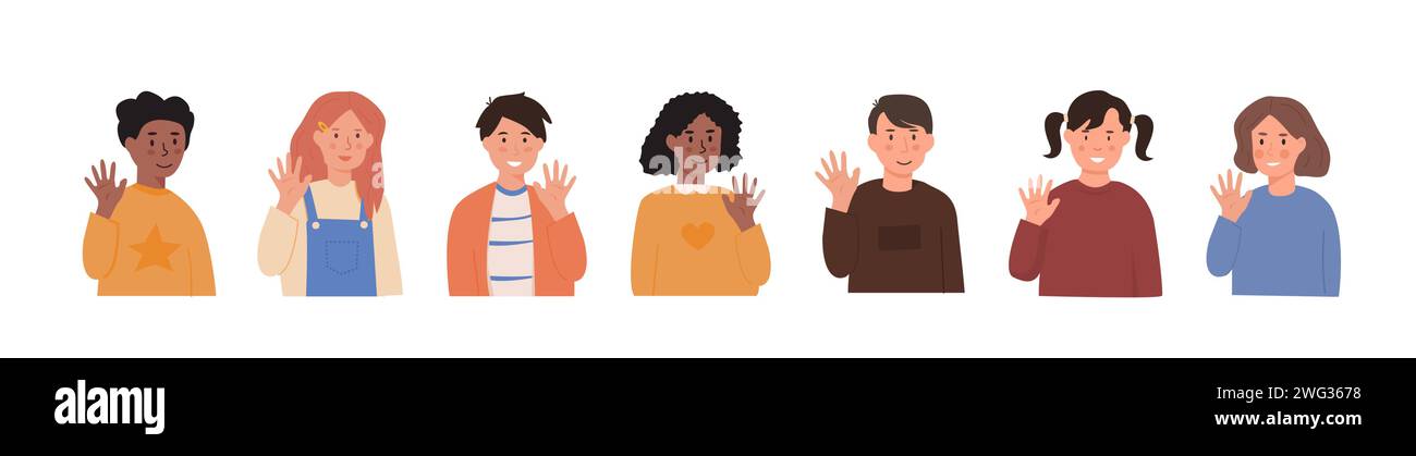 Vector set of children waving hands. Smiling little kids in greeting ...