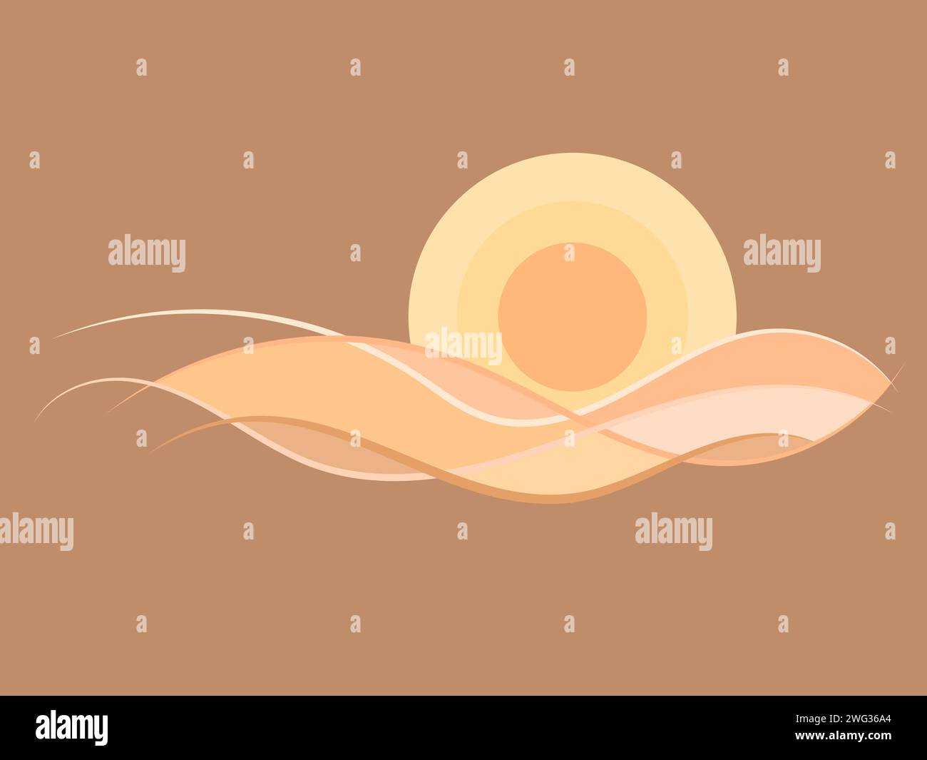 Desert landscape with sand dunes in line art style. Sunrise over the ...