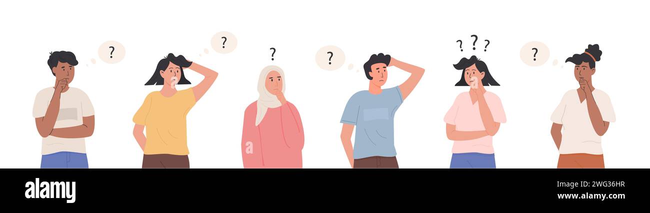 Group Of Diverse Thinking Characters Collection Of Portraits Of Thoughtful People With Question