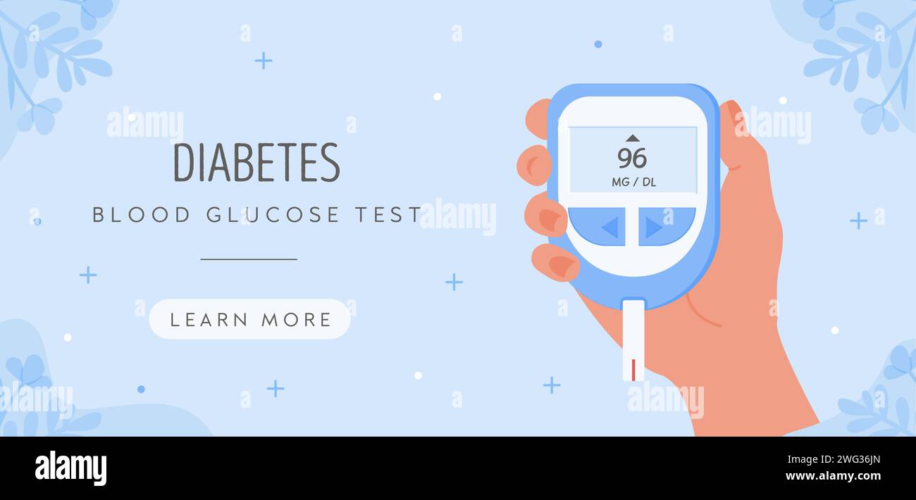 World Diabetes Day horizontal web banner. Human hand holding glucometer ...