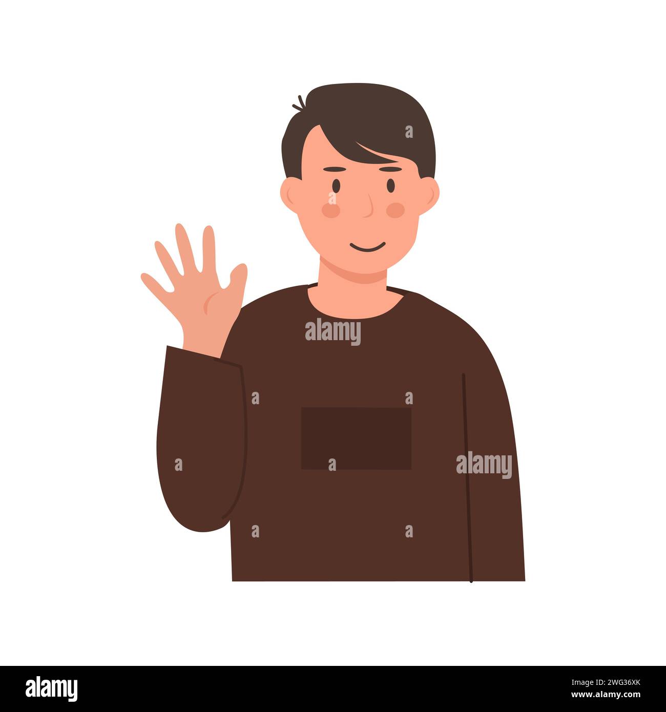 Little smiling school boy waving hand. Happy kid in greeting gesture ...