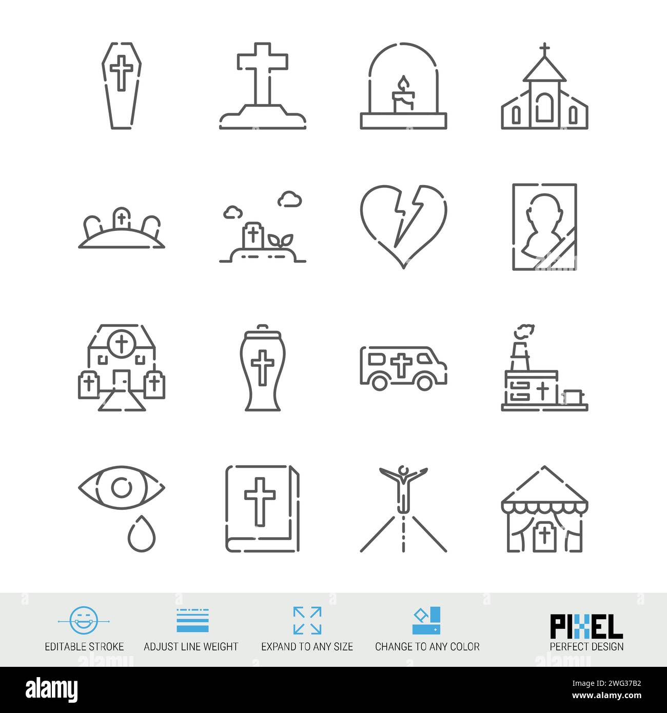 Funeral Services Related Vector Line Icon Set Isolated On White Pixel