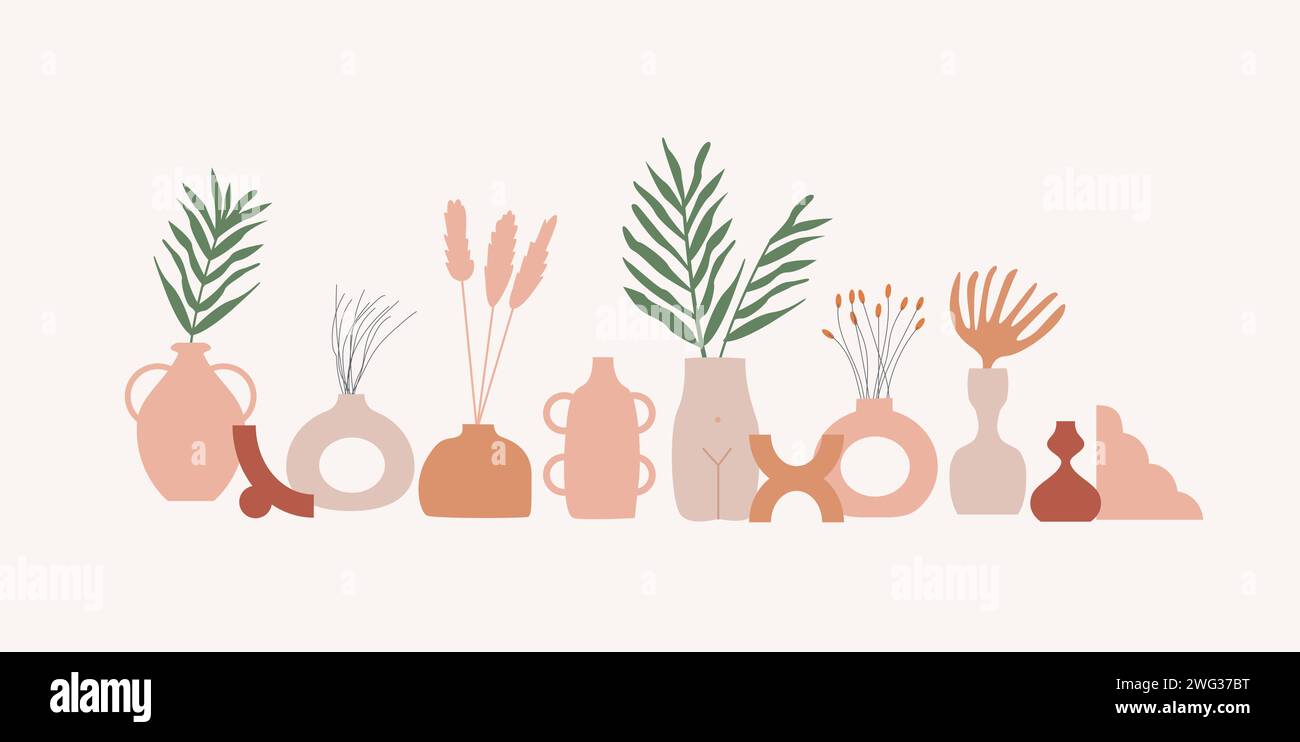 Collection of trendy ceramic vases with plants. Composition of earthy ...