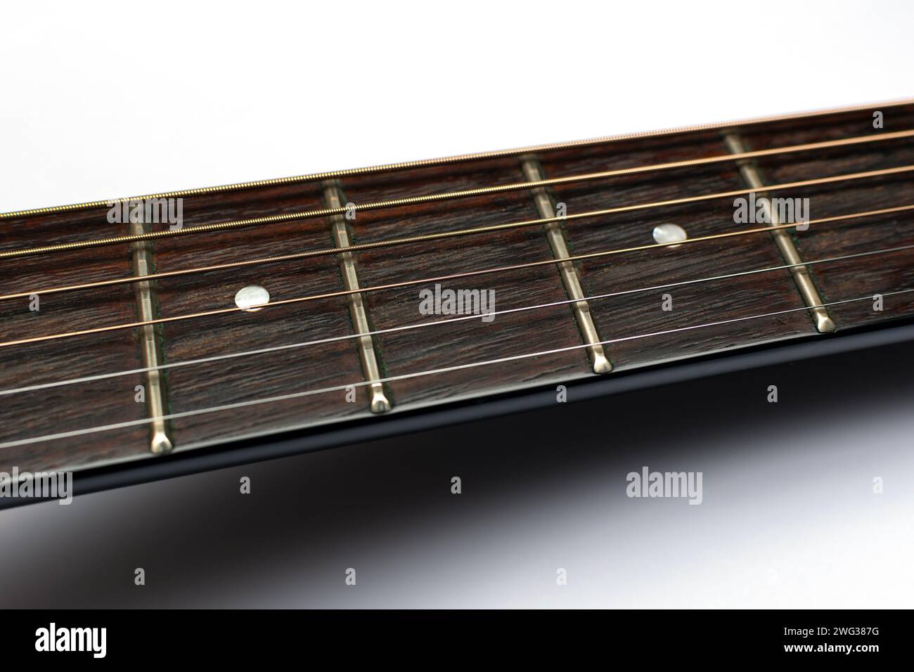 Acoustic Guitar Fretboard Close Up with Strings Wooden Brass Frets ...