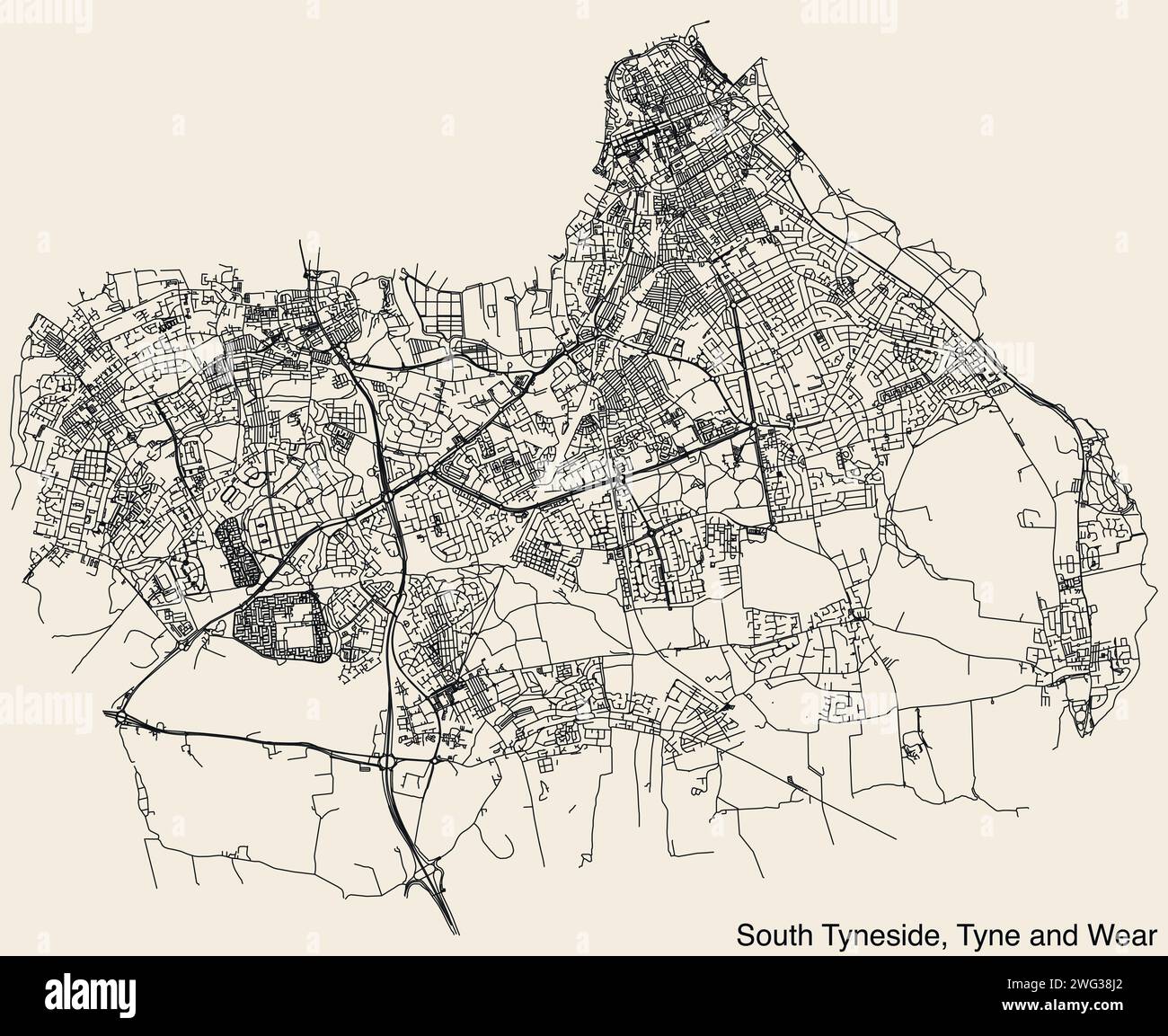 Street roads map of the METROPOLITAN BOROUGH OF SOUTH TYNESIDE, TYNE ...