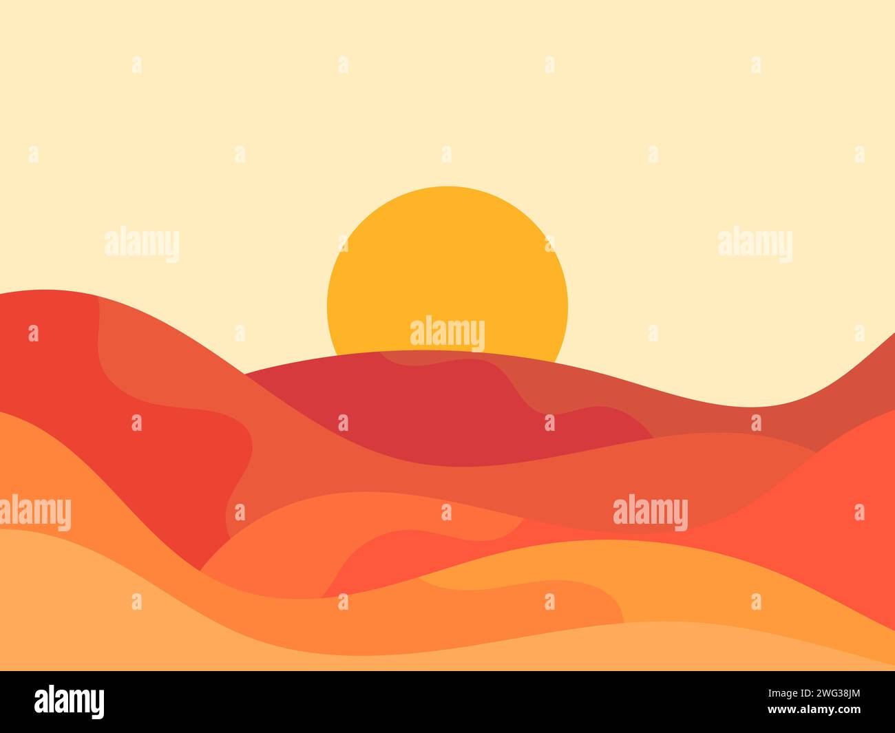 Desert landscape with dunes and sun in a minimalist style. Desert wavy ...