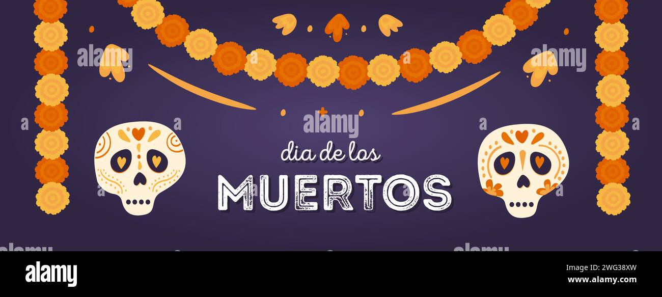 Dia de los muertos. Horizontal banner with sugar skulls and marigold ...