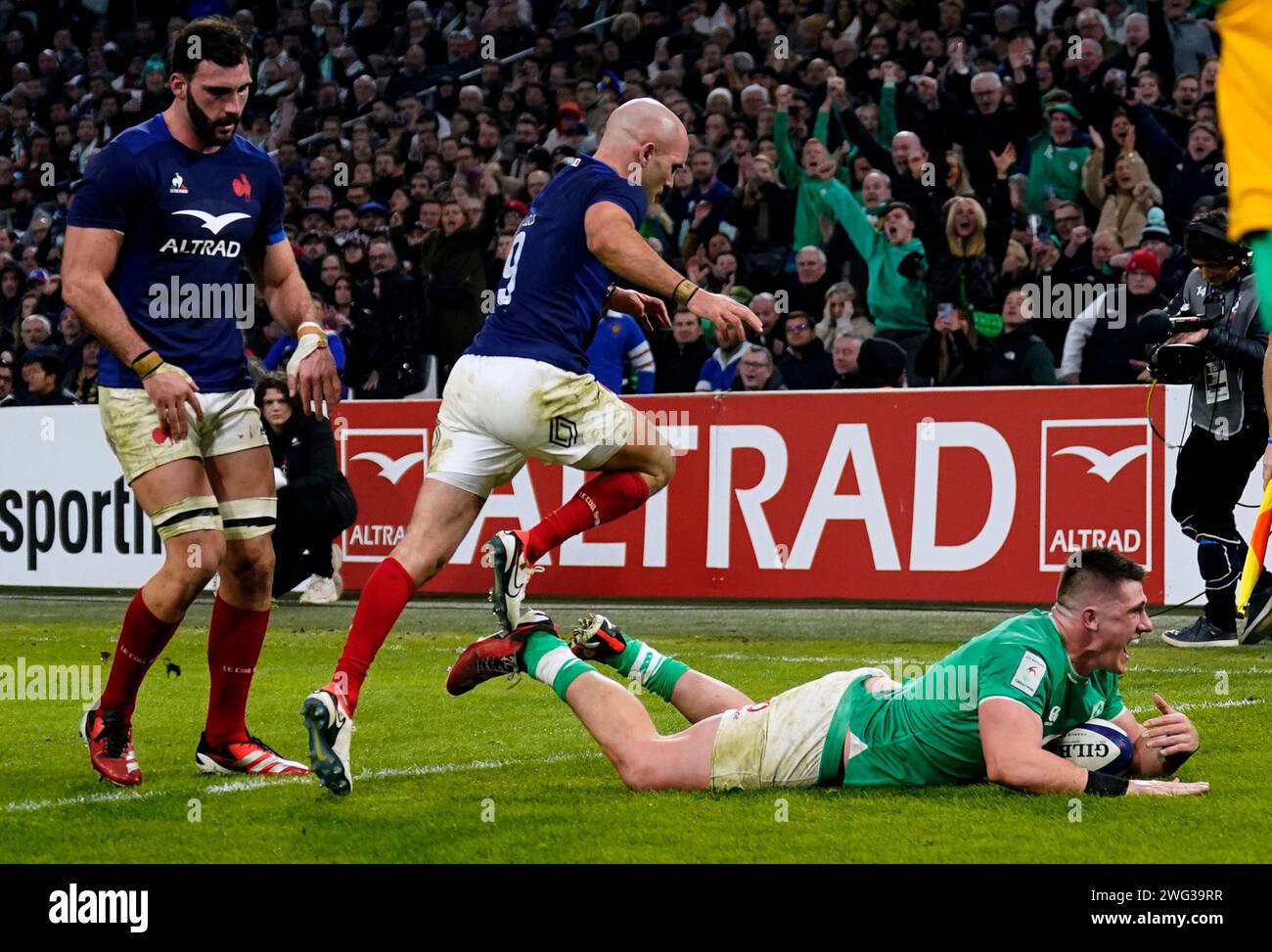 Ireland's Dan Sheehan scores their side's fourth try of the game during ...
