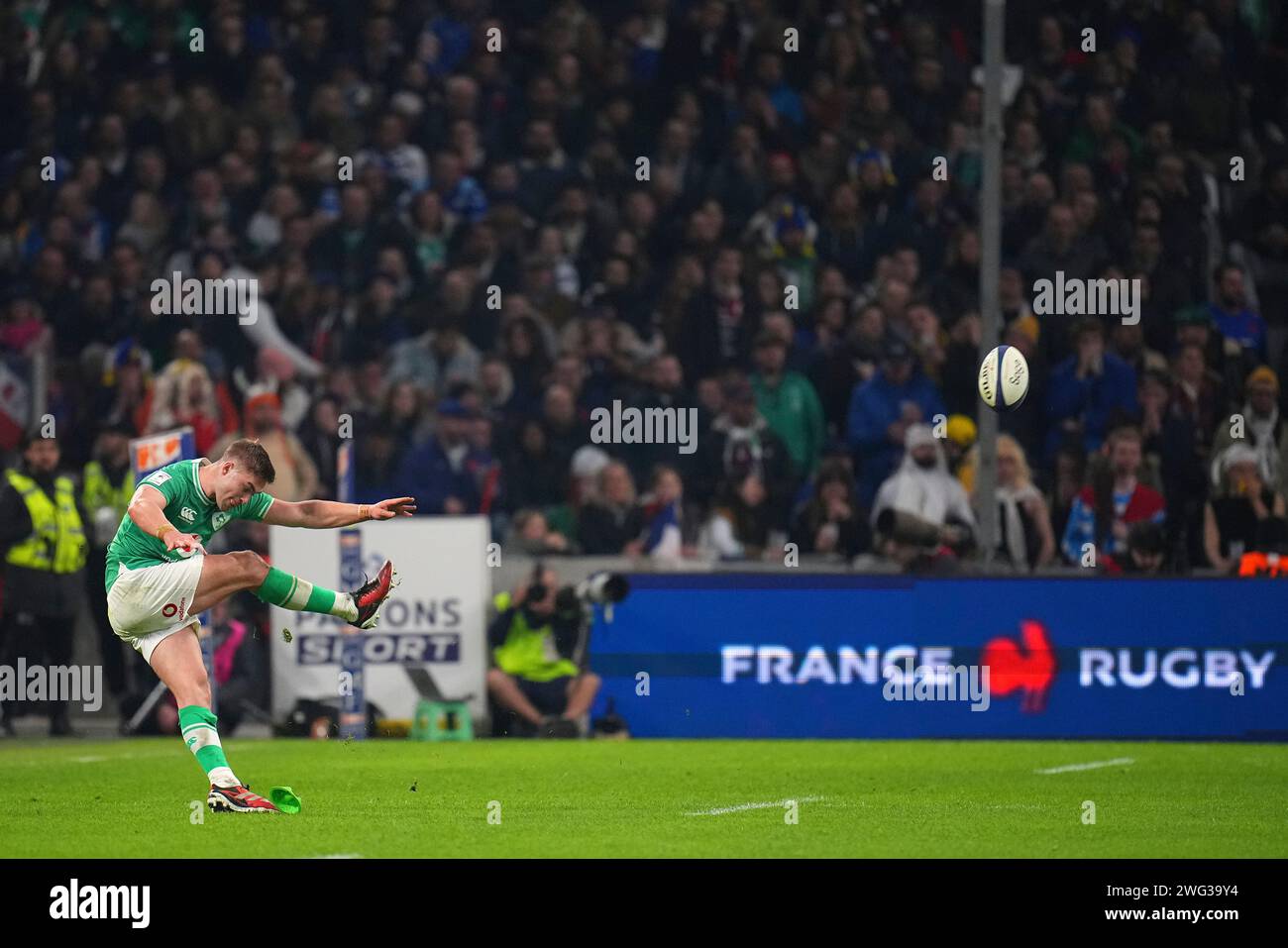 Ireland's Jack Crowley kicks a conversion during the Six Nations rugby ...