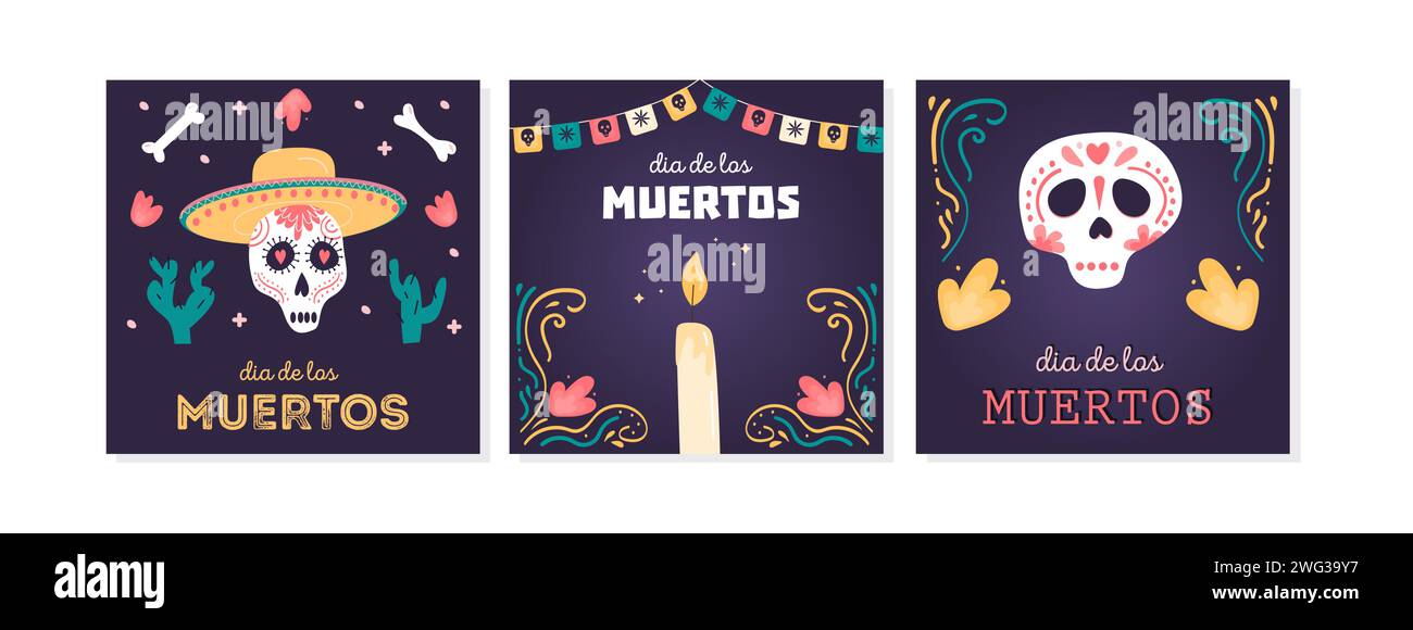 Set of social media post square cards with sugar skulls for Mexican ...